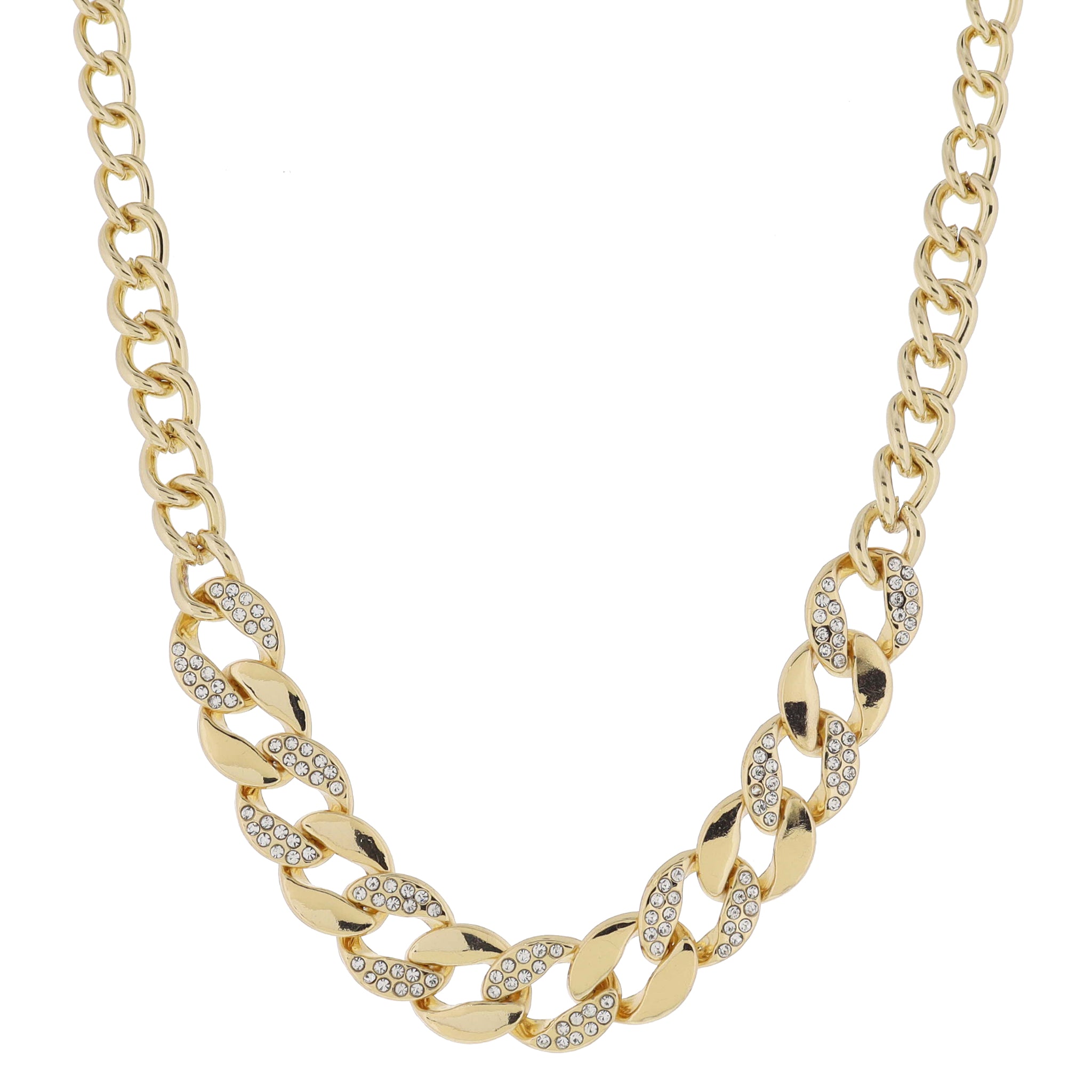 16" Chunky Gold Curb Chain Portion with Crystal Embellishment Necklace ...