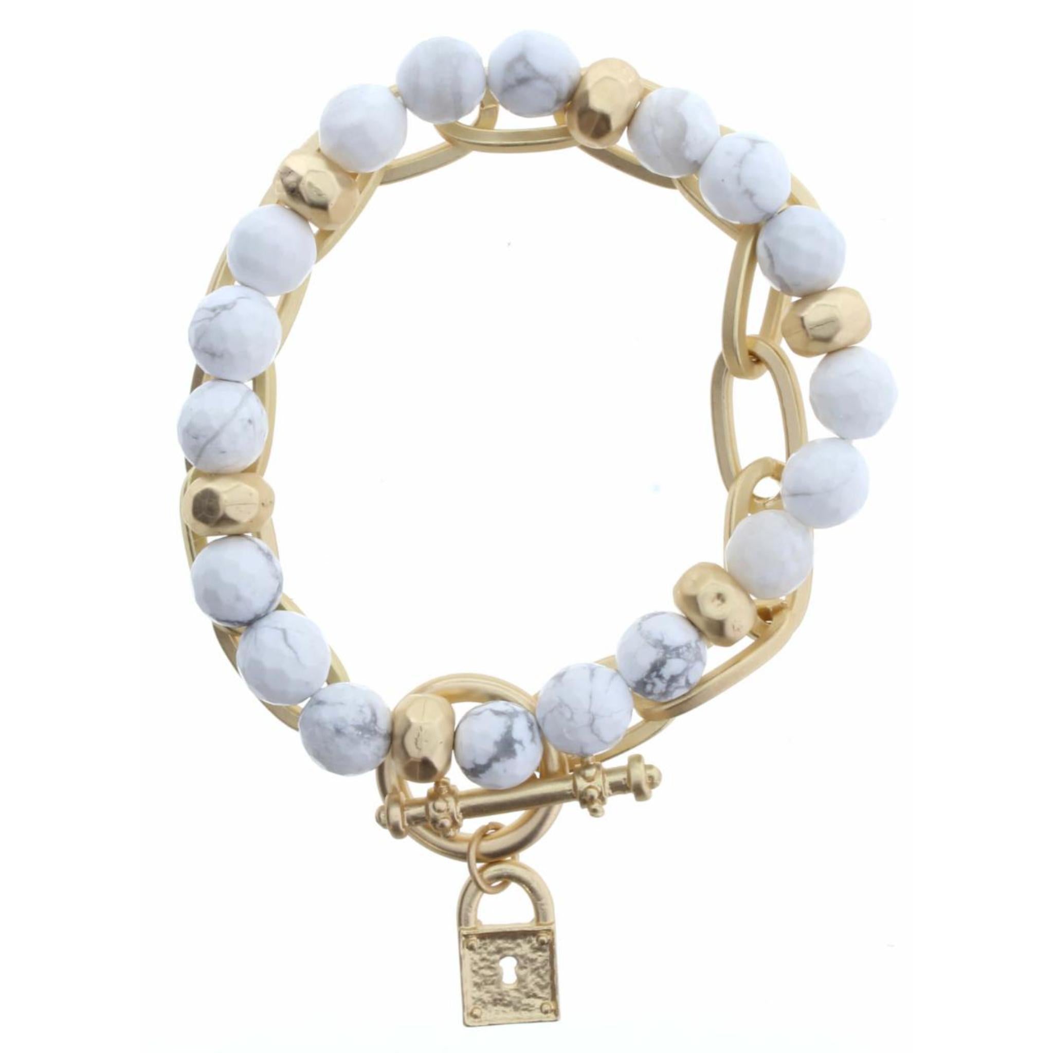 Set of 2, Howlite Beaded with Gold Chain Link & Lock Charm Bracelet ...